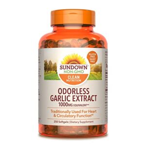 sundown odorless garlic supplement, 10 mg, equivalent to 1000mg garlic bulb, 250 softgels (packaging may vary)