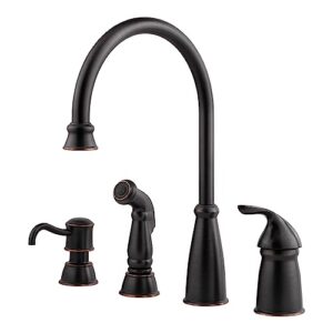 pfister avalon kitchen sink faucet with side sprayer and soap dispenser, single handle, high arc, tuscan bronze finish, gt264cby