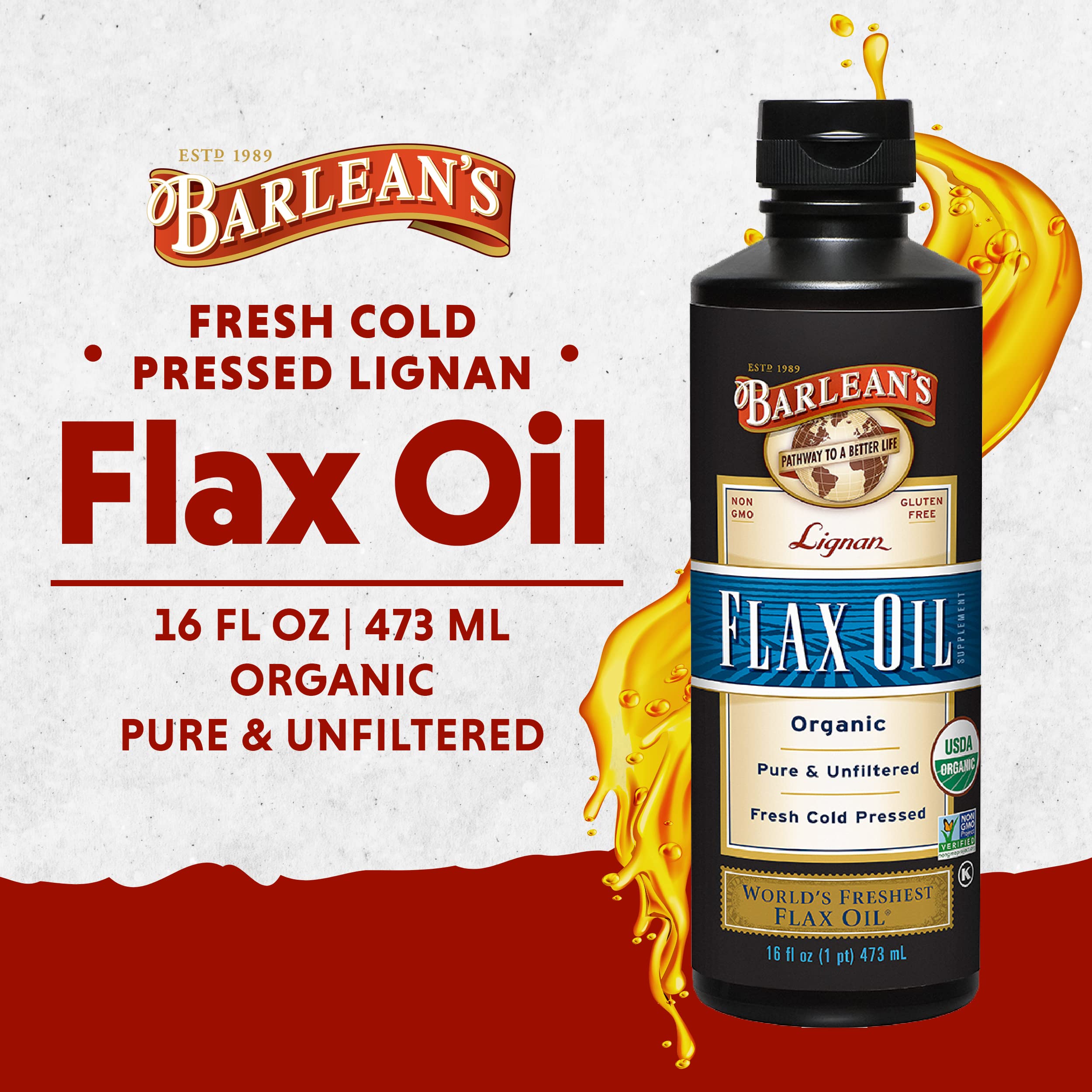 Barlean's Lignan Flaxseed Oil from Cold-Pressed Flaxseeds - 7,230 mg ALA Omega-3 Fatty Acids for Improving Heart Health - Vegan, USDA Organic, Non-GMO, Gluten-Free - 16 oz