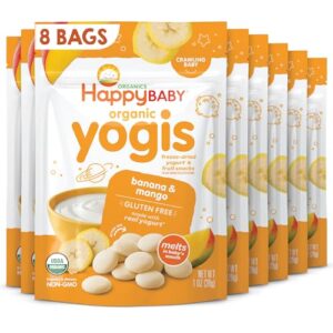 happy baby organics baby snacks, yogis, freeze dried yogurt & fruit snacks, gluten free snack for babies 9+ months, banana & mango, 1 ounce (pack of 8)