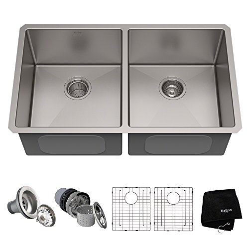 Kraus Standard PRO 33-inch 16 Gauge Undermount 50/50 Double Bowl Stainless Steel Kitchen Sink, KHU102-33