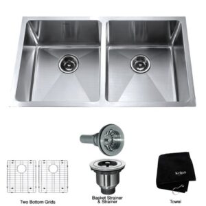 Kraus Standard PRO 33-inch 16 Gauge Undermount 50/50 Double Bowl Stainless Steel Kitchen Sink, KHU102-33