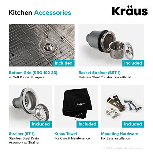 Kraus Standard PRO 33-inch 16 Gauge Undermount 50/50 Double Bowl Stainless Steel Kitchen Sink, KHU102-33