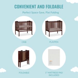 2-in-1 Lightweight Folding Portable Stationary Side Crib in Espresso, Greenguard Gold Certified, Baby Crib to Playpen, Folds Flat for Storage, Locking Wheels