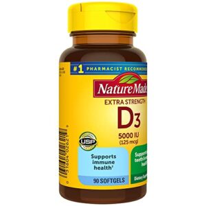 Nature Made Extra Strength Vitamin D3 5000 IU (125 mcg), Dietary Supplement for Bone, Teeth, Muscle and Immune Health Support, 90 Softgels, 90 Day Supply