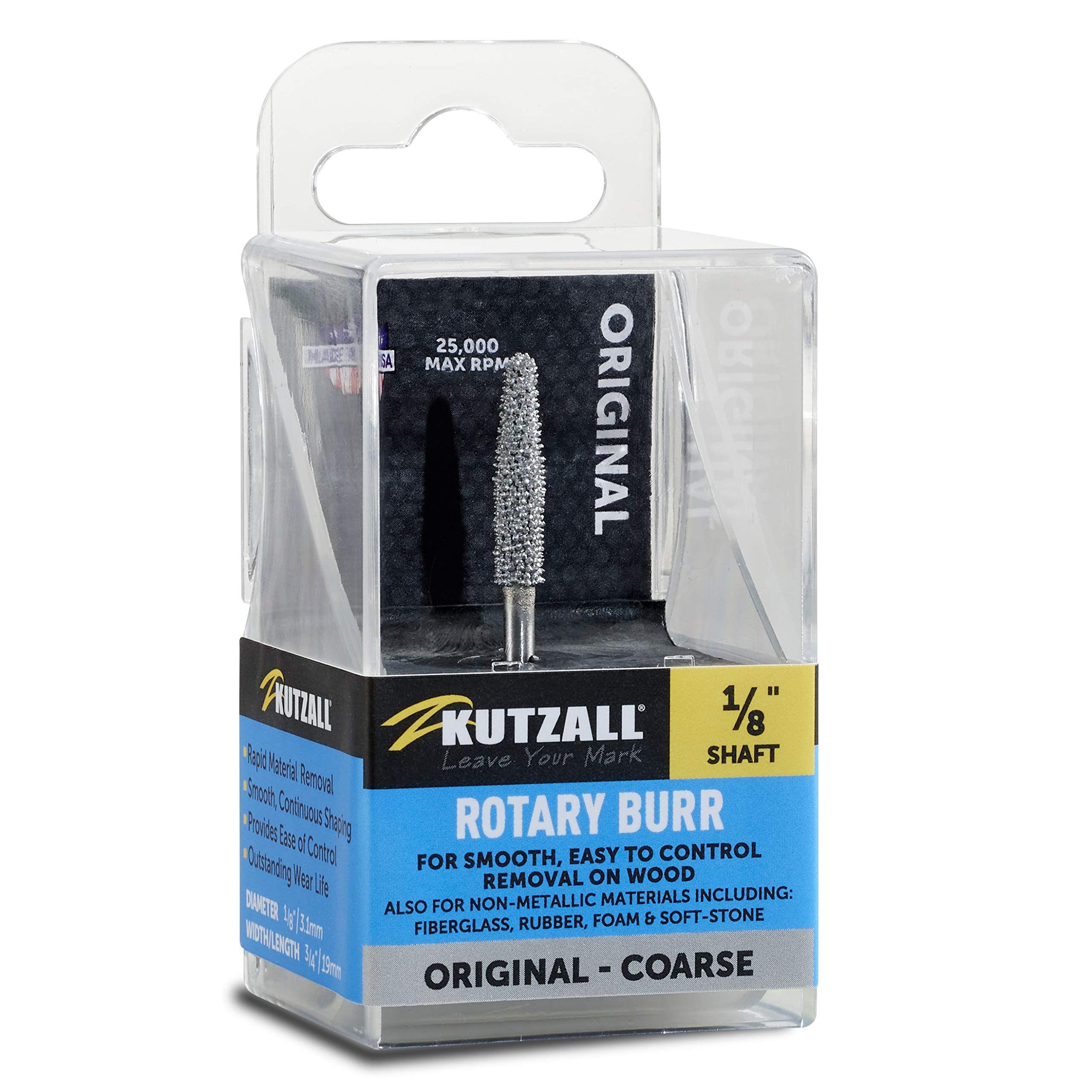 Kutzall Original Taper Rotary Burr, 1⁄8" Shaft, Coarse - Woodworking Attachment for Dremel, Foredom, DeWalt, Milwaukee. Abrasive Tungsten Carbide, 1⁄8" (3.1mm) Head Dia. X 7⁄8" (22.2mm) Length, T-18-E