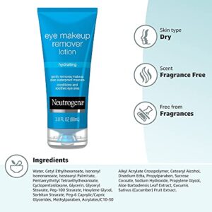 Neutrogena Hydrating Eye Makeup Remover Lotion, Gentle Daily Makeup Remover with Skin-Soothing Aloe and Cucumber Extracts to Remove Even Waterproof Mascara, Fragrance-Free, 3 oz