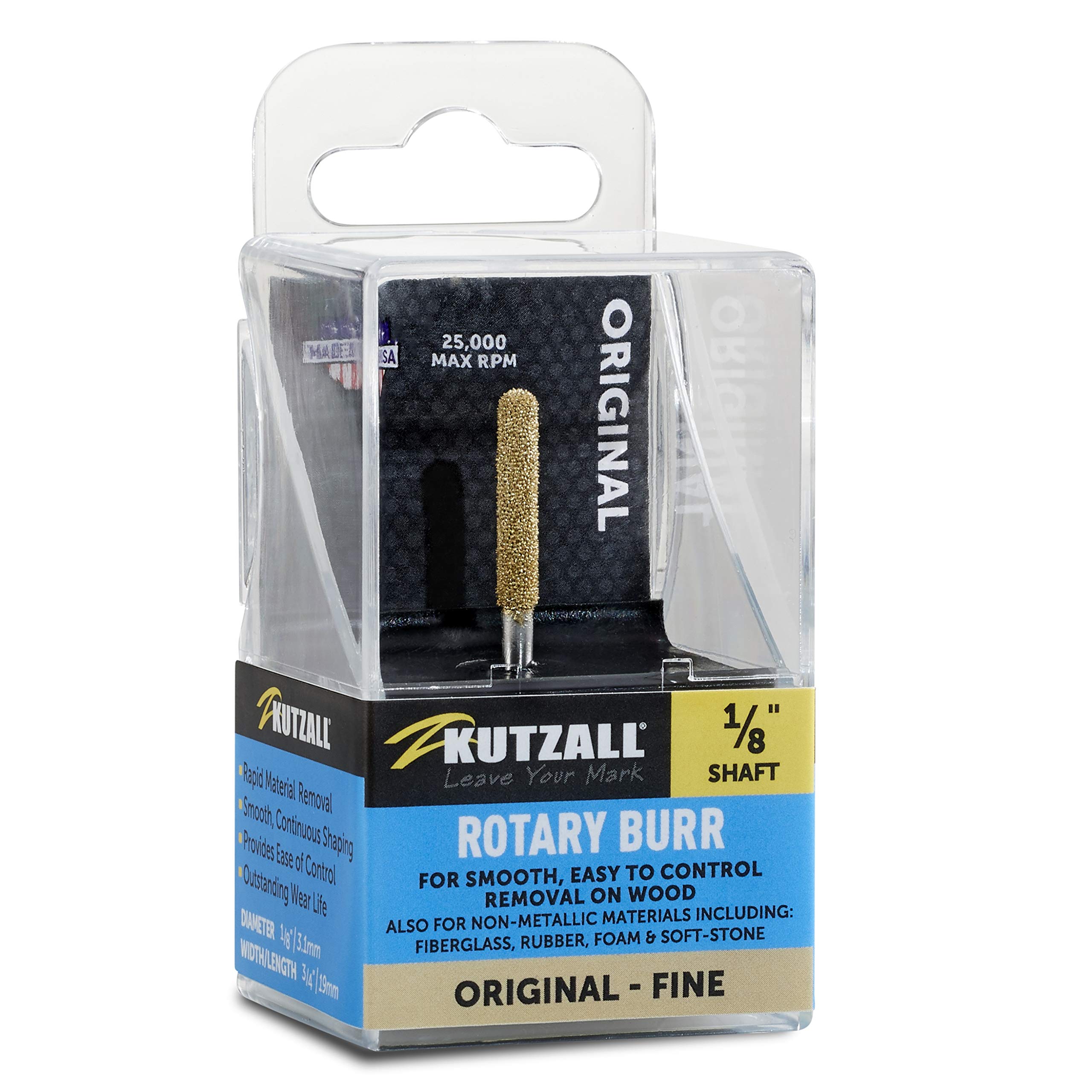 Kutzall Original Ball Nose Rotary Burr, 1⁄8" Shaft, Fine - Woodworking Attachment for Dremel, Foredom, DeWalt, Milwaukee. Abrasive Tungsten Carbide, 1⁄8" (3.1mm) Dia. X 7⁄8" (22.2mm) Length, BN-18-EG