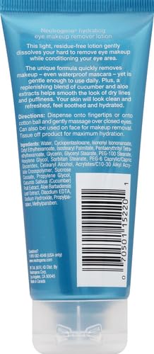 Neutrogena Hydrating Eye Makeup Remover Lotion, Gentle Daily Makeup Remover with Skin-Soothing Aloe and Cucumber Extracts to Remove Even Waterproof Mascara, Fragrance-Free, 3 oz