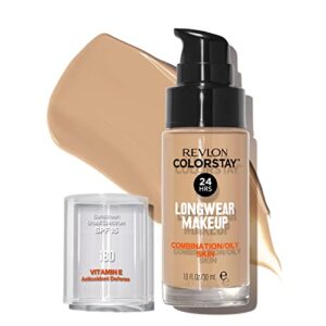 revlon liquid foundation, colorstay face makeup for combination & oily skin, spf 15, longwear medium-full coverage with matte finish, sand beige (180), 1.0 oz