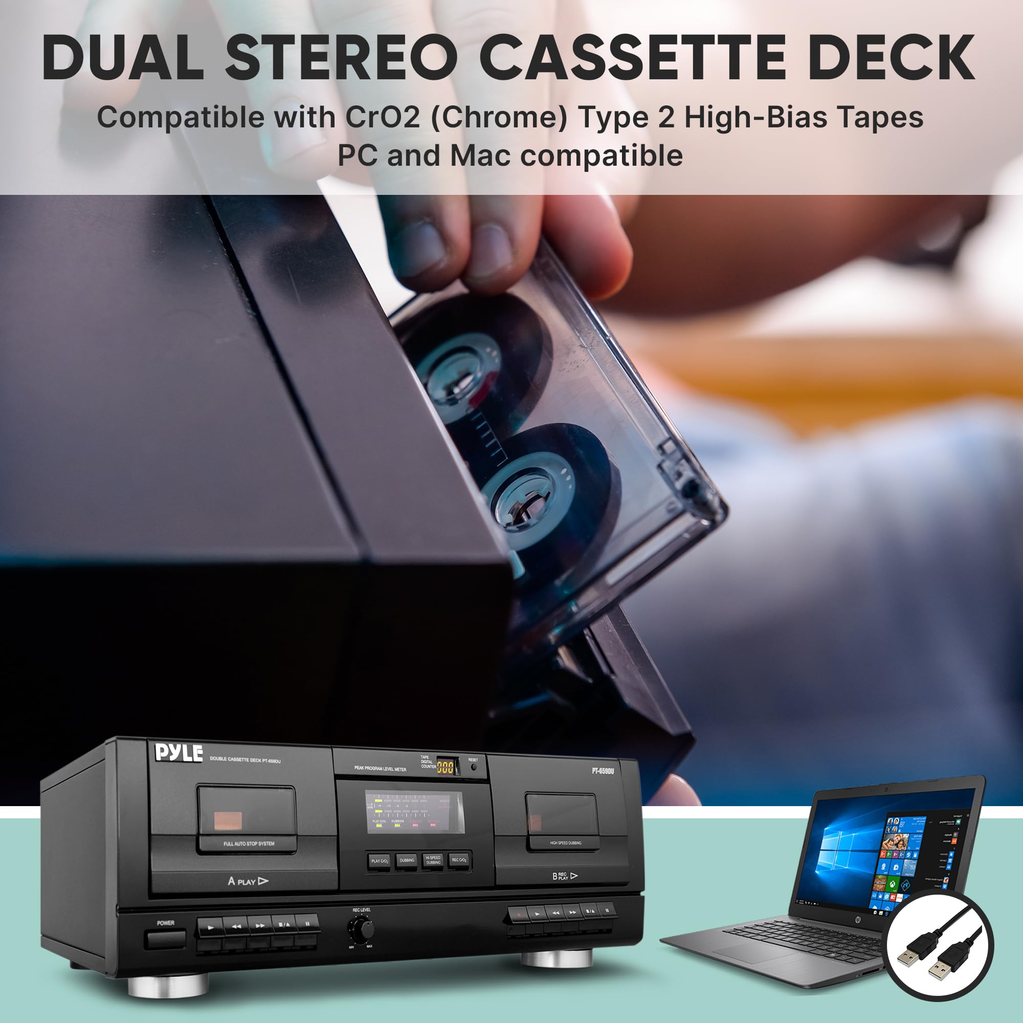 Pyle Dual Stereo Cassette Tape Deck - Clear Audio Double Player Recorder System w/ MP3 Music Converter, RCA for Recording, Dubbing, USB, Retro Design - For Standard / CrO2 Tapes, Home Use - PT659DU