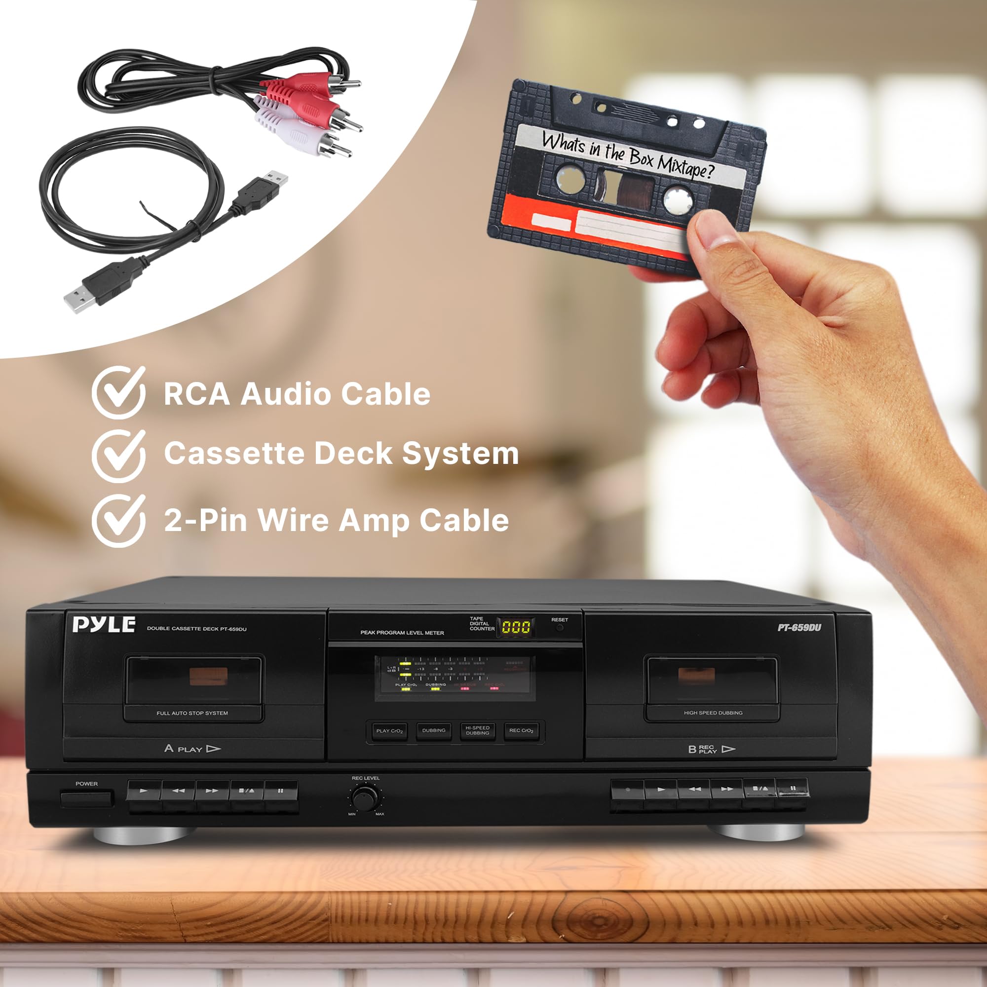 Pyle Dual Stereo Cassette Tape Deck - Clear Audio Double Player Recorder System w/ MP3 Music Converter, RCA for Recording, Dubbing, USB, Retro Design - For Standard / CrO2 Tapes, Home Use - PT659DU