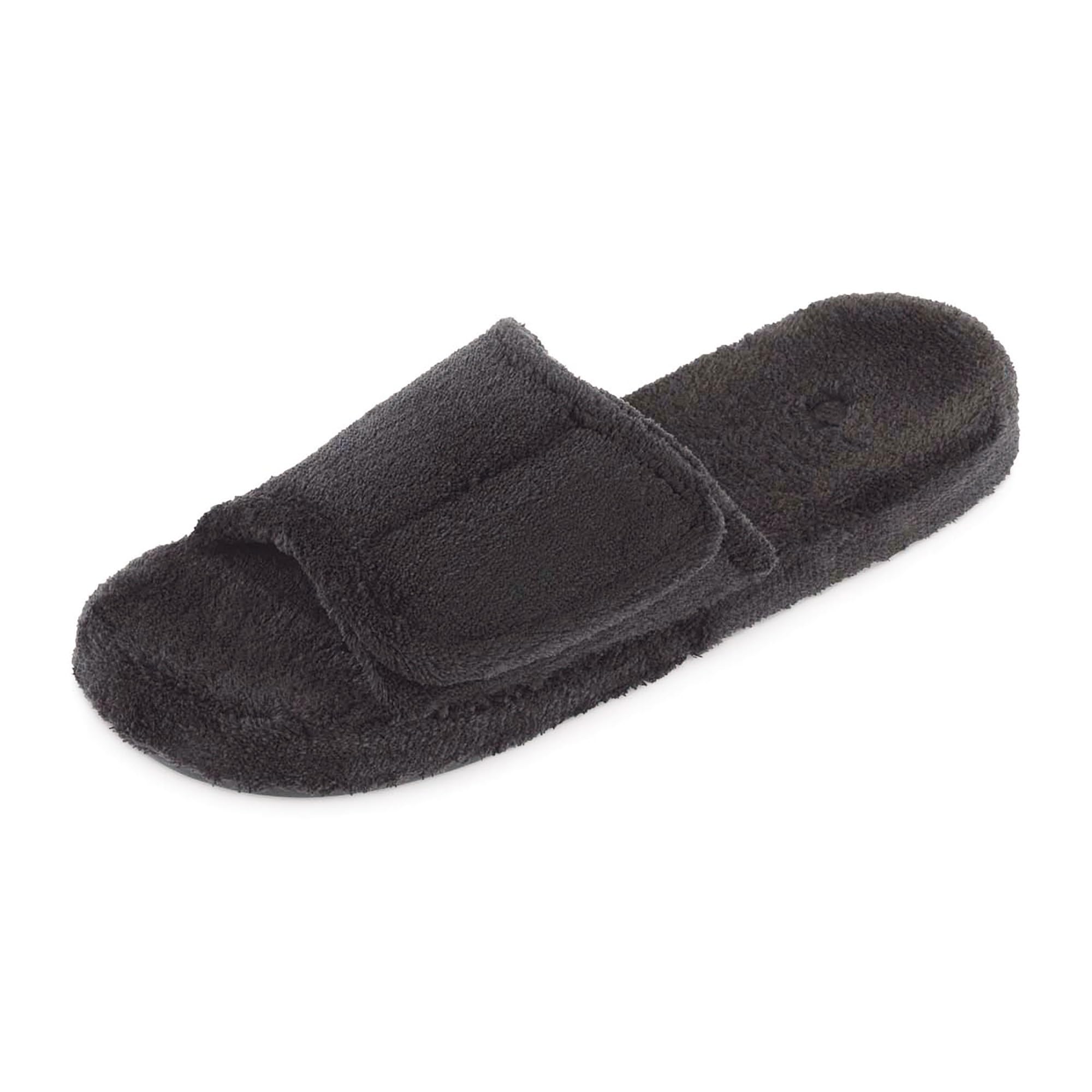 Acorn Men's Spa Slide Slippers with adjustable strap and soft terry lining , Black, size 10.5-11.5