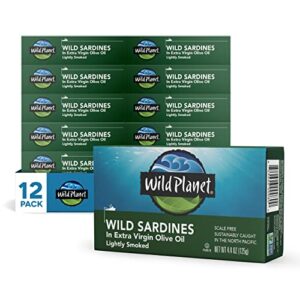 wild planet wild sardines in extra virgin olive oil, lightly smoked, tinned fish, sustainably wild-caught, non-gmo, kosher, gluten free, 4.4. ounce (pack of 12)