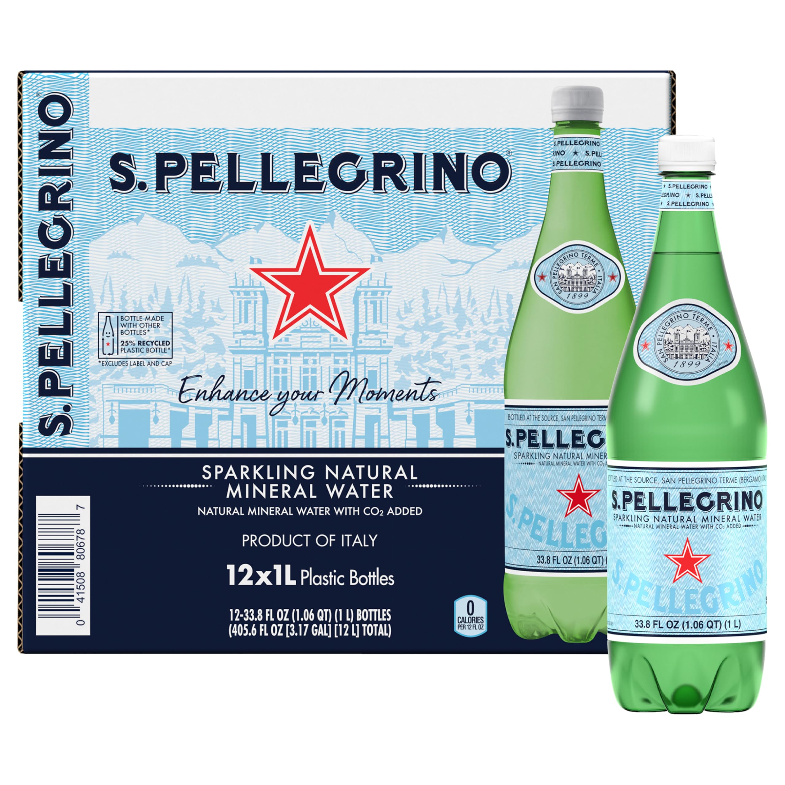 S.Pellegrino Sparkling Natural Mineral Water, 33.8 fl oz. Plastic Bottles (Pack of 12)