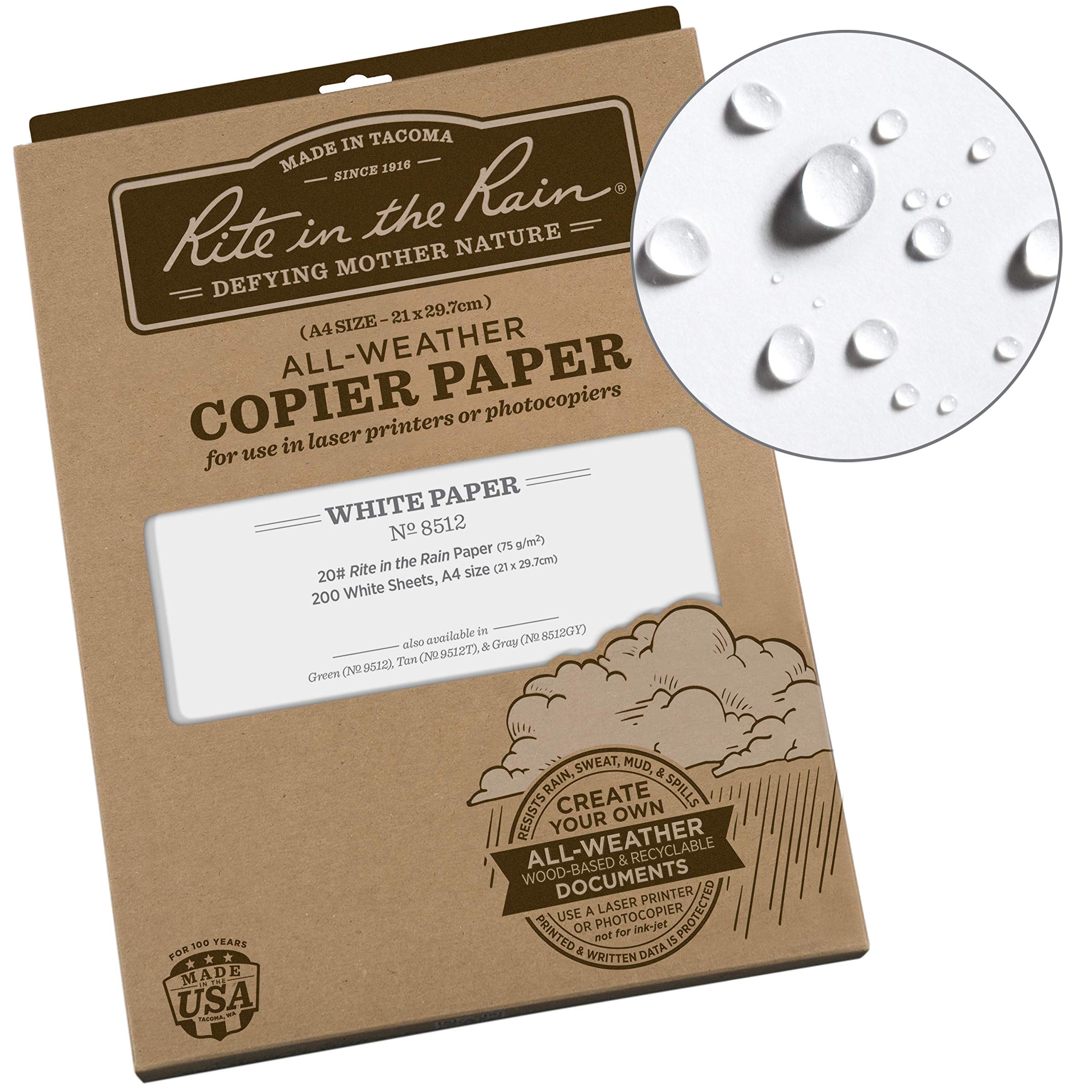 Rite In The Rain Weatherproof Laser Printer Paper, A4 Paper Size 21 x 29.7cm, 20# White, 200 Sheet Pack (No. 8512)