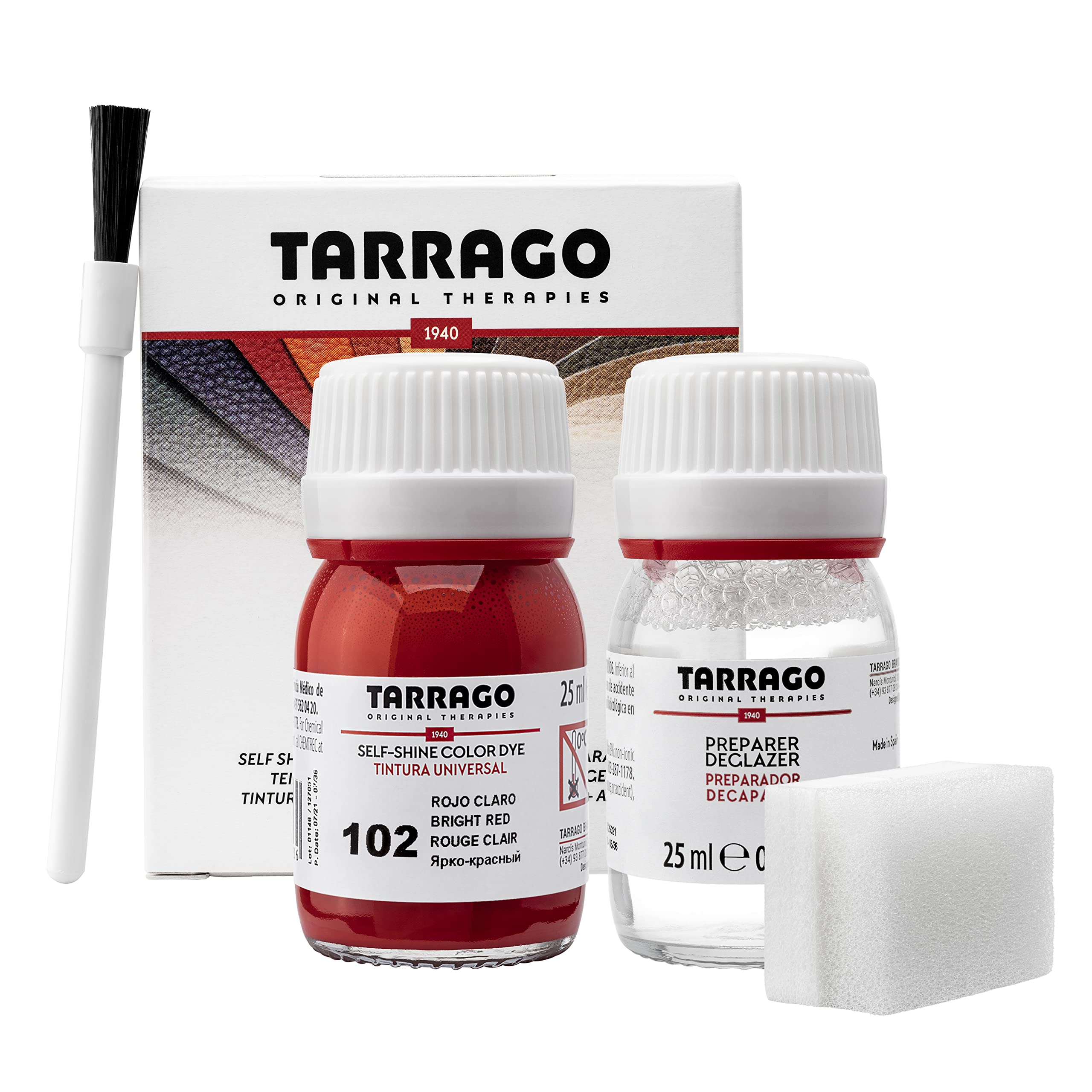 Tarrago Leather Dye Kit with Deglazer and Applicator - Restore & Recolor Shoes, Boots, Purses, Wallets, Jackets, and Furniture - Rich Pigment - 25mL - Bright red #102