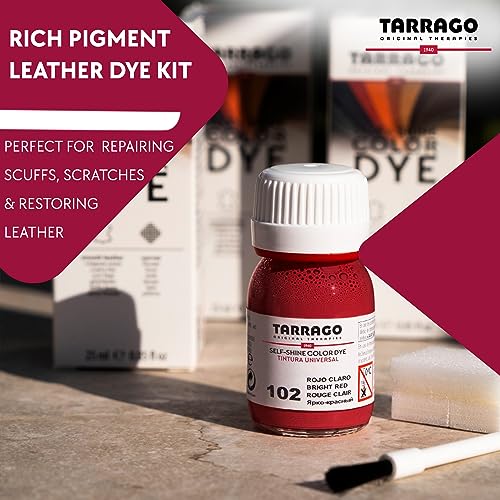 Tarrago Leather Dye Kit with Deglazer and Applicator - Restore & Recolor Shoes, Boots, Purses, Wallets, Jackets, and Furniture - Rich Pigment - 25mL - Bright red #102