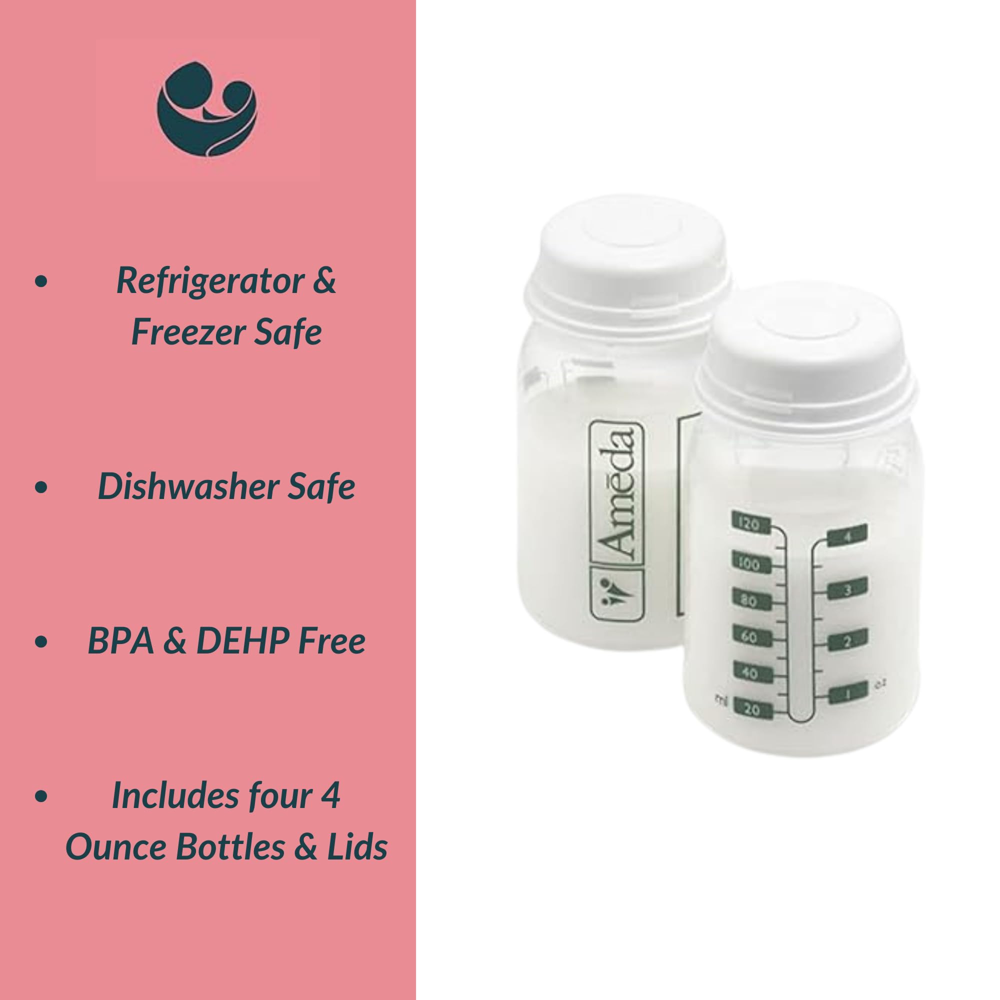 Ameda Breastmilk Storage Bottles with Lock-Tight Cap | 4.4 Ounce Breast Milk Storage Containers for Fridge (4 Count) | Breastmilk Storage Bag Alternative | Breastfeeding Supplies