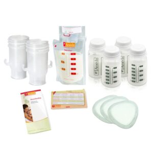 ameda breast pumping accessory kit includes: (10) noshow premium disposable nursing pads, (20) store 'n pour milk bags with (2) adapters, (4) milk storage bottles, milk storage guidelines