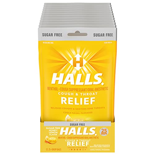 HALLS Relief Honey Lemon Sugar Free Cough Drops, 12 Packs of 25 Drops (300 Total Drops)