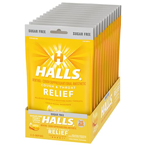 HALLS Relief Honey Lemon Sugar Free Cough Drops, 12 Packs of 25 Drops (300 Total Drops)