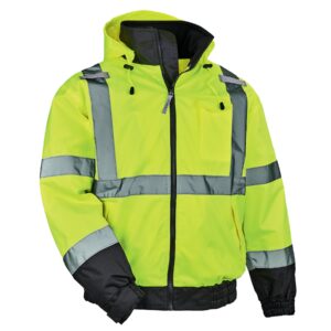 high visibility reflective winter bomber jacket, zip out fleece liner, ansi compliant, ergodyne glowear 8379, lime, large