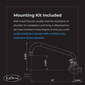 Krowne Wall Mount Kitchen Faucet - Utility Sink 4” Center Mount, 10" Swing Spout, ½” NPT Male Inlet, 2 GPM Flow Rate, Ceramic Valve Chrome Plated Finish, Lever Handle, Silver Series Plumbing