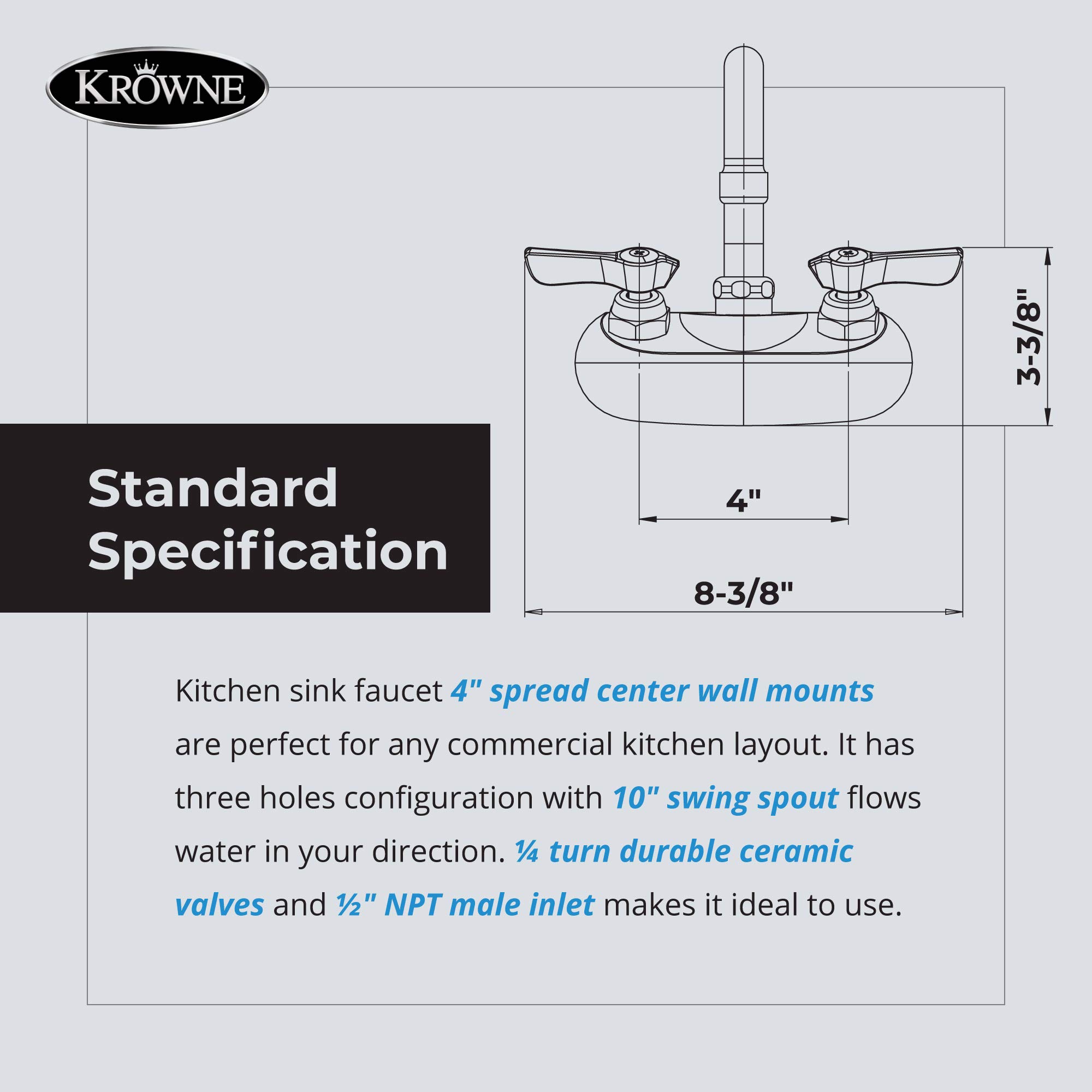 Krowne Wall Mount Kitchen Faucet - Utility Sink 4” Center Mount, 10" Swing Spout, ½” NPT Male Inlet, 2 GPM Flow Rate, Ceramic Valve Chrome Plated Finish, Lever Handle, Silver Series Plumbing