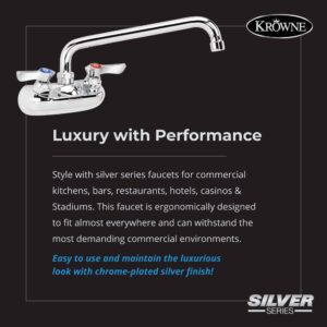 Krowne Wall Mount Kitchen Faucet - Utility Sink 4” Center Mount, 10" Swing Spout, ½” NPT Male Inlet, 2 GPM Flow Rate, Ceramic Valve Chrome Plated Finish, Lever Handle, Silver Series Plumbing