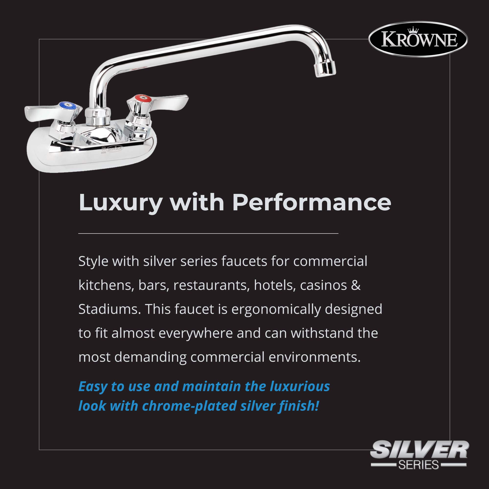 Krowne Wall Mount Kitchen Faucet - Utility Sink 4” Center Mount, 10" Swing Spout, ½” NPT Male Inlet, 2 GPM Flow Rate, Ceramic Valve Chrome Plated Finish, Lever Handle, Silver Series Plumbing