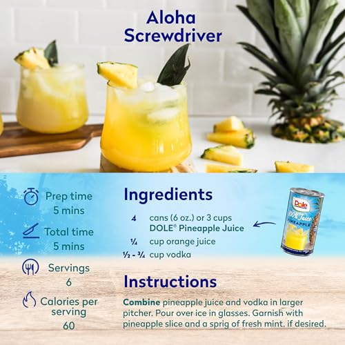 Dole 100% Pineapple Juice, No Added Sugar, Excellent Source of Vitamin C, 100% Fruit Juice, 6 Fl Oz (Pack of 6), 48 Total Cans, Packaging May Vary