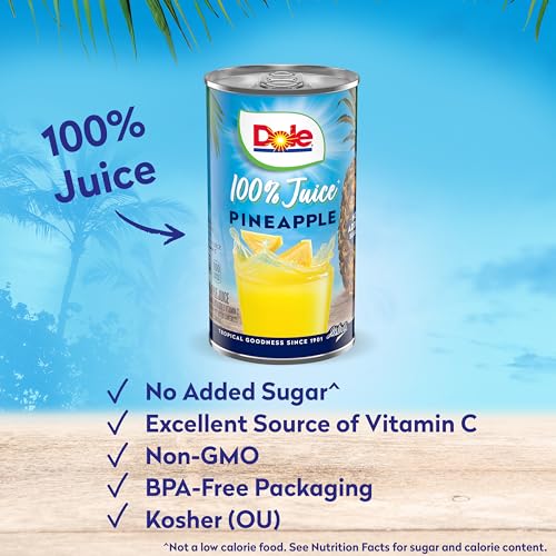 Dole 100% Pineapple Juice, No Added Sugar, Excellent Source of Vitamin C, 100% Fruit Juice, 6 Fl Oz (Pack of 6), 48 Total Cans, Packaging May Vary