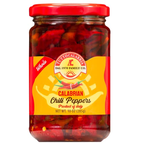 Calabrian Chili Peppers, Whole, All Natural, Non-GMO, Original, Product of Italy, Retail Glass Jar, 10.2 oz, TuttoCalabria