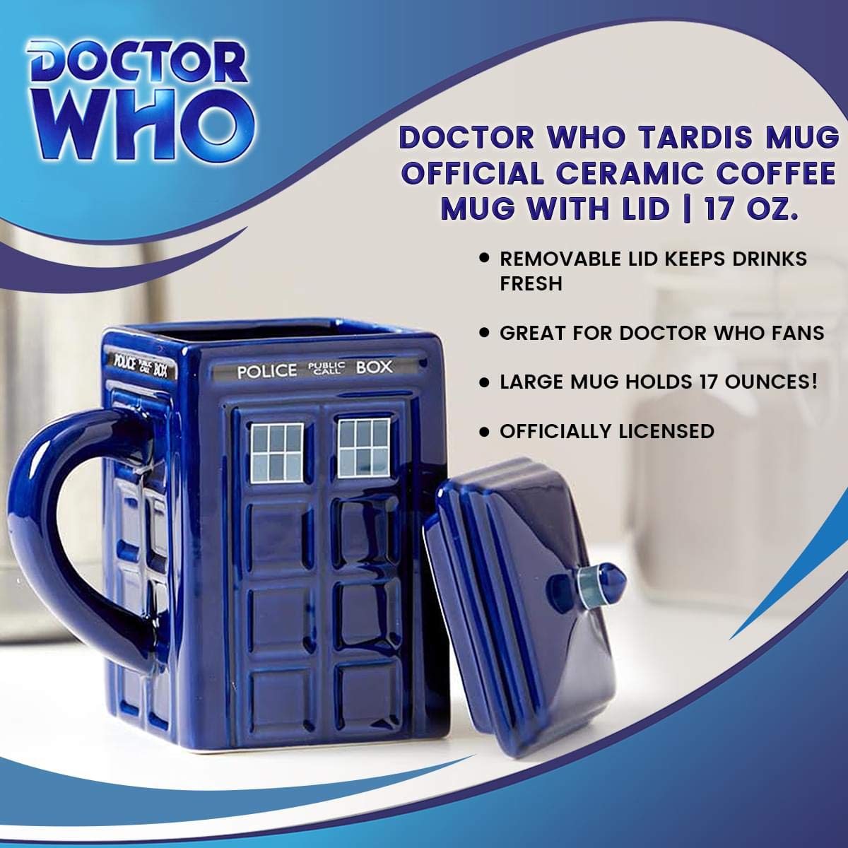 Doctor Who Tardis Mug | Official Ceramic Coffee Mug With Lid | 17 Oz.