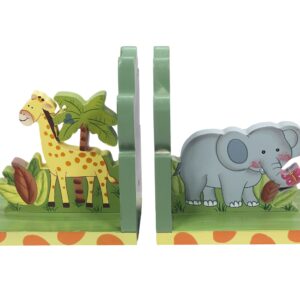 fantasy fields - sunny safari animals thematic set of 2 sturdy wooden bookends for kids - non-toxic, water-based paint, giraffe and elephant, blue