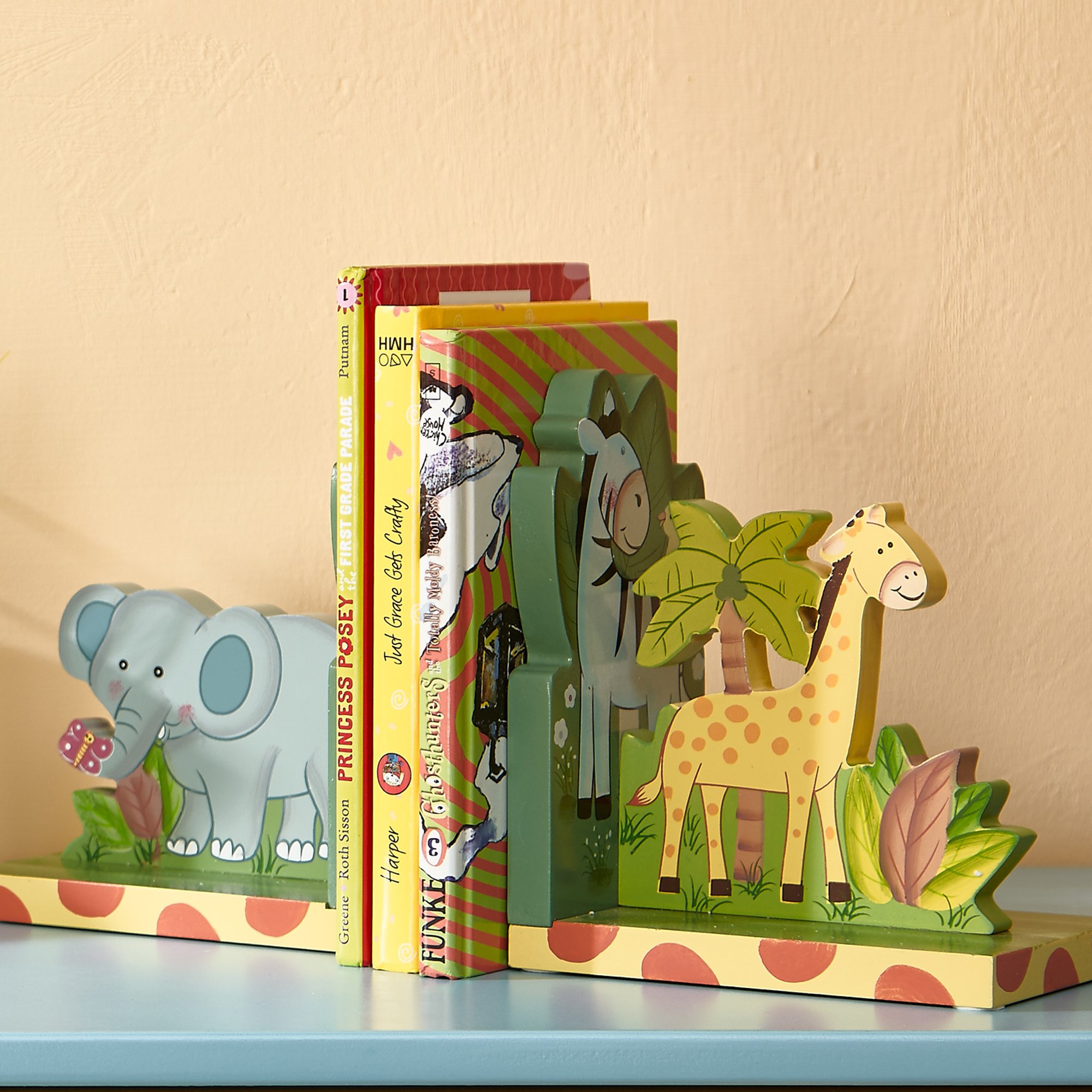 Fantasy Fields - Sunny Safari Animals Thematic Set of 2 Sturdy Wooden Bookends for Kids - Non-Toxic, Water-Based Paint, Giraffe and Elephant, Blue