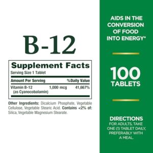 Nature's Bounty Vitamin B12 1000mcg, Supports Energy Metabolism and Nervous System Health, Vitamin Supplement, 100 Tablets