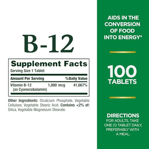 Nature's Bounty Vitamin B12 1000mcg, Supports Energy Metabolism and Nervous System Health, Vitamin Supplement, 100 Tablets