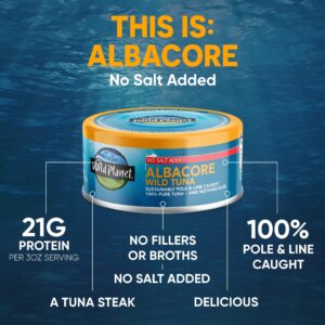 Wild Planet Wild Albacore Tuna, No Salt Added, Canned Tuna, Sustainably Wild-Caught, Non-GMO, Kosher 5 Ounce (Pack of 12), Packaging May Vary