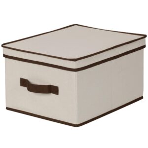 household essentials 513 storage box with lid and handle - natural beige canvas with brown trim - large