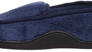 isotoner Men's Terry Moccasin Slipper with Memory Foam for Indoor/Outdoor Comfort, Navy, Large