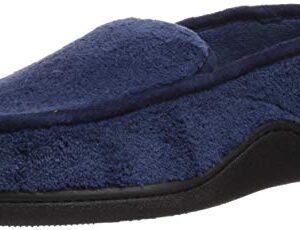 isotoner Men's Terry Moccasin Slipper with Memory Foam for Indoor/Outdoor Comfort, Navy, Large