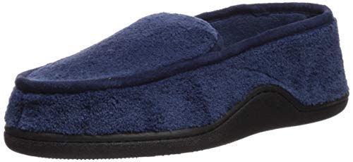 isotoner Men's Terry Moccasin Slipper with Memory Foam for Indoor/Outdoor Comfort, Navy, Large