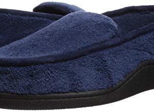 isotoner Men's Terry Moccasin Slipper with Memory Foam for Indoor/Outdoor Comfort, Navy, Large