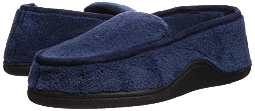 isotoner Men's Terry Moccasin Slipper with Memory Foam for Indoor/Outdoor Comfort, Navy, Large