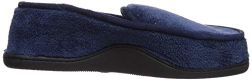 isotoner Men's Terry Moccasin Slipper with Memory Foam for Indoor/Outdoor Comfort, Navy, Large