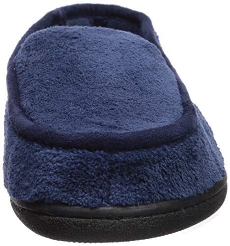 isotoner Men's Terry Moccasin Slipper with Memory Foam for Indoor/Outdoor Comfort, Navy, Large