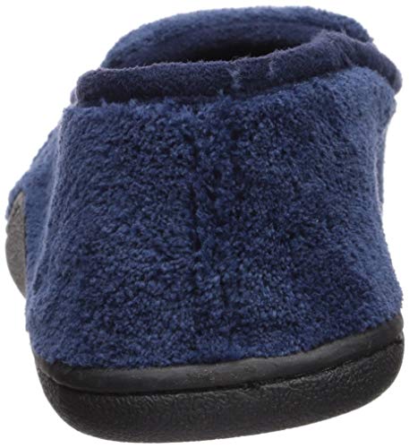 isotoner Men's Terry Moccasin Slipper with Memory Foam for Indoor/Outdoor Comfort, Navy, Large