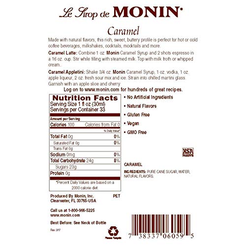 Monin - Caramel Syrup, Rich and Buttery, Great for Desserts, Coffee, and Cocktails, Gluten-Free, Non-GMO (1 Liter)